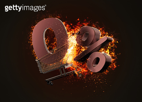 Burning shopping cart and red zero percentage discount sign. 3D ...