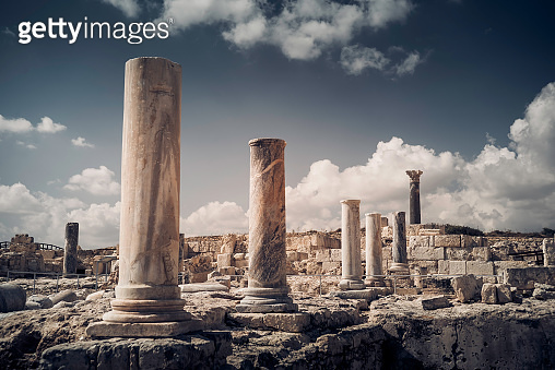 Pillars and ruins at Kourion archaeological site. Limassol District ...