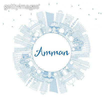 Outline Amman Jordan Skyline with Blue Buildings and Copy Space ...