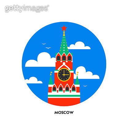 Moscow Kremlin Icon. Spasskaya tower of the Kremlin on red square in Moscow, Russia. Round shape ...