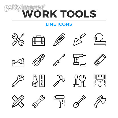 Work tools line icons set. Modern outline elements, graphic design concepts. Stroke, linear ...
