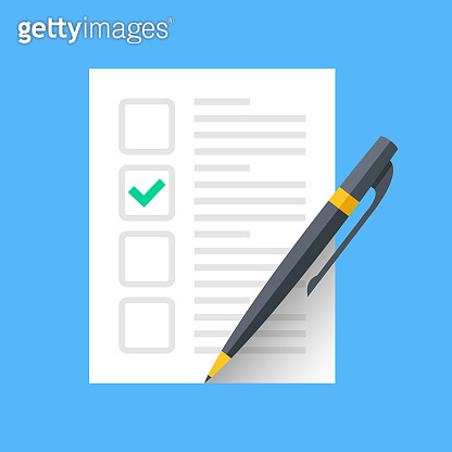 Document with green check mark and pen. Checklist and single tick icon ...