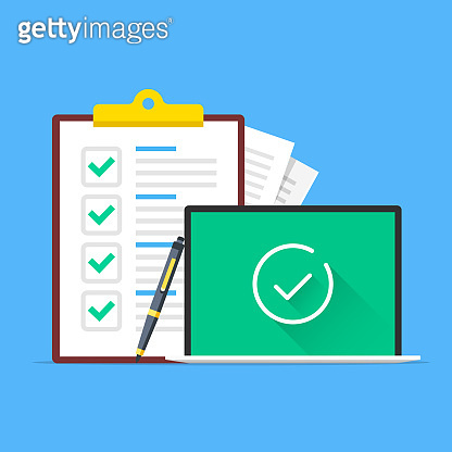 Checklist and laptop with check mark icon on screen. Clipboard with ...