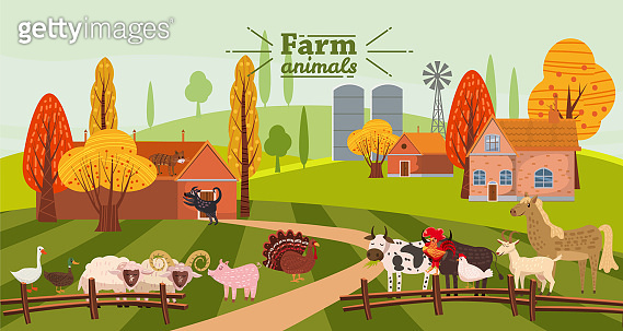 Farm animals and birds set in trendy cute style, including horse, cow ...