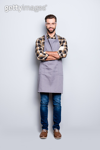 Full size body portrait of virile harsh carpenter with hairstyle in ...