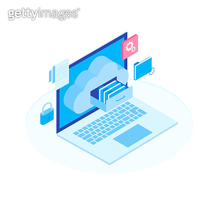 Cloud data storage flat 3d isometric business technology server concept. Laptop with Document ...