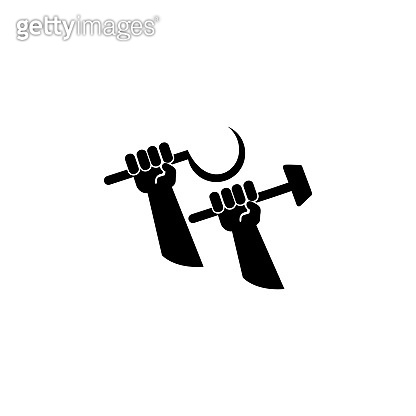 Hands holding a sickle and a hammer icon. Element of communism ...