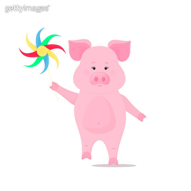 Cute pig walks and keeps a pinwheel toy. Funny animal. Piggy Cartoon ...