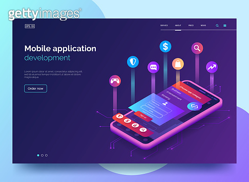 Mobile app development vector illustration. Isometric mobile phone with ...