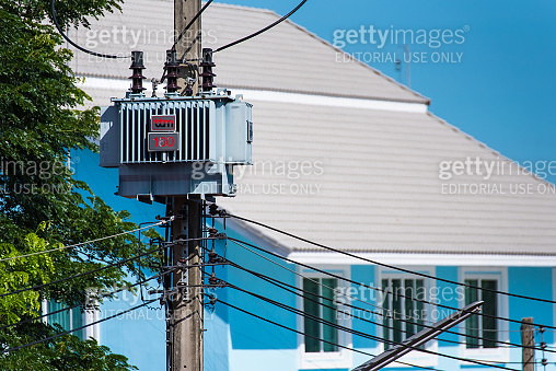 Power Transformer on the power poles at Damnoen Saduak Floating Market ...