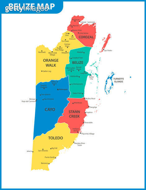 The detailed map of Belize with regions or states and cities, capital ...
