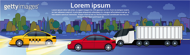 Night Road Traffic With Taxi Cab, Truck And Car Horizontal Banner 이미지 ...