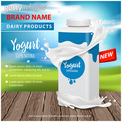 Yogurt ads, Square plastic bottle and round pot with yogurt splash , 3d ...