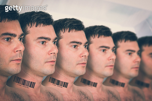 A lot of men in a row with barcode - genetic clone concept 이미지 ...