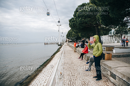Embankment with public improvement and funicular or ropeway. Pedestrian ...