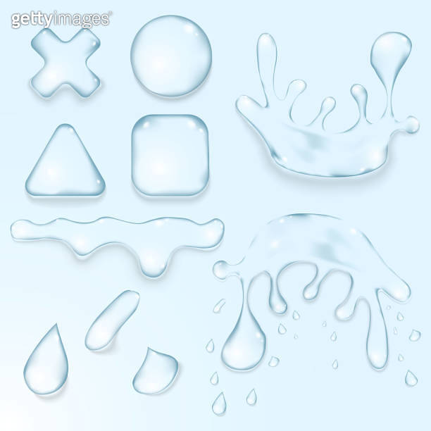 Transparent realistic water splash and drops. Rectangle, round ...