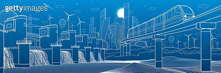 Urban infrastructure and transport illustration. Monorail bridge across ...