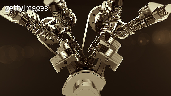 3D model of a working V8 engine with lens flare. (957698862) - 게티이미지뱅크