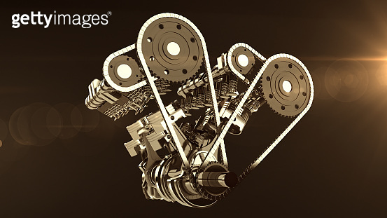 3D model of a working V8 engine with lens flare. (957698700) - 게티이미지뱅크