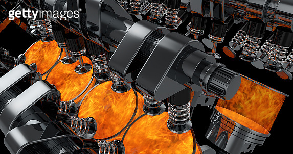 V8 Engine Rendering With Explosions. (961804744) - 게티이미지뱅크