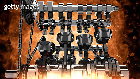 3D model of a working V8 engine with explosions. (957699060) - 게티이미지뱅크