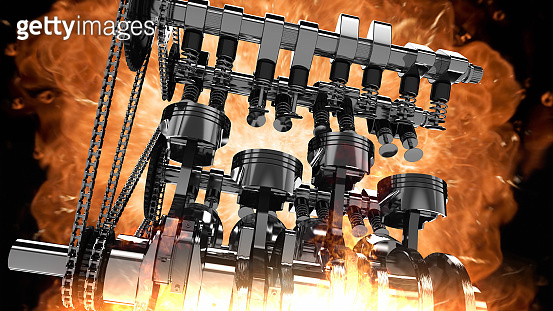 3D model of a working V8 engine with explosions. 이미지 (957699016) - 게티이미지뱅크