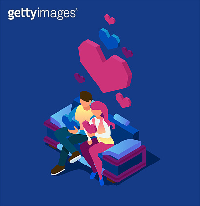 Love couple isometric composition two lovers are sitting on a sofa ...