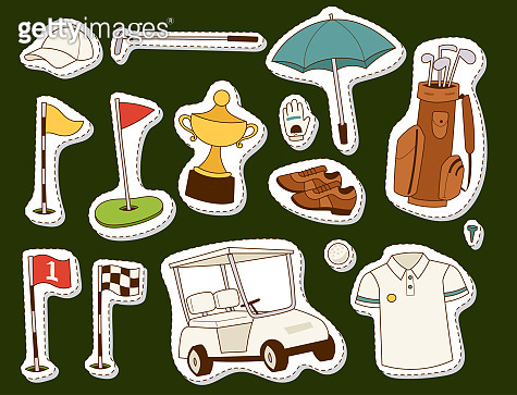 Golf icons hobby car equipment cart player golfing sport symbol flag ...