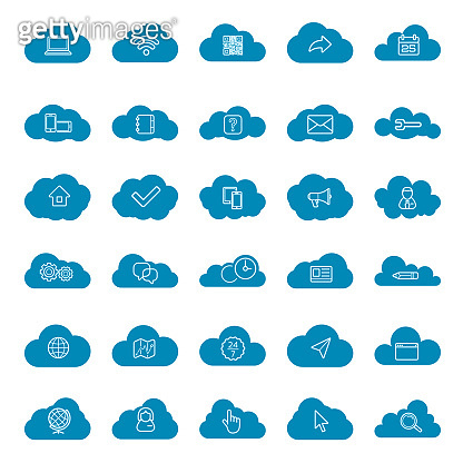 Cloud computing linear icons set. Download, upload, settings and preferences symbols. Lock ...