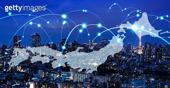 Network of Japan concept. Map of Japan and communication network ...
