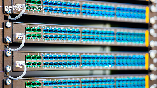Closeup of colored computer network cables connected to a switch 이미지 ...