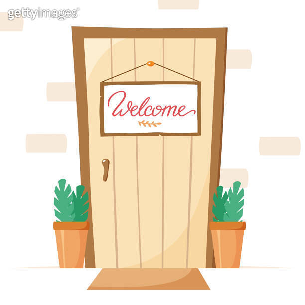 Front door with welcome sign and plants in pots, entrance plaque ...