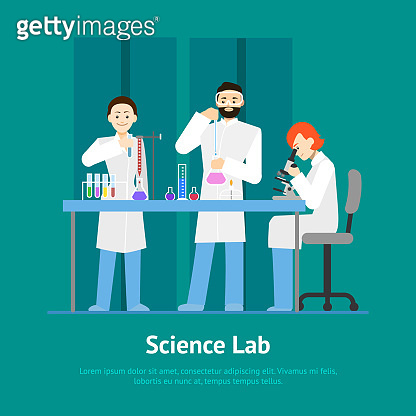 Cartoon Scientists Working at Lab Concept Card. Vector (1133980776 ...