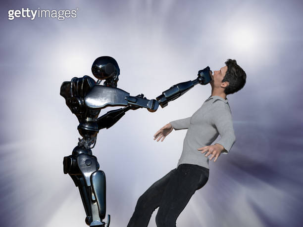 the concept robot vs man fighting 3d render 이미지 (1162643549) - 게티이미지뱅크
