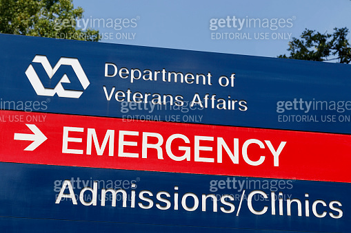 Veterans Affairs signage and logo. The VA provides healthcare services ...