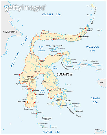 vector roads map of indonesian island sulawesi (1145232169) 일러스트, 무료 ...