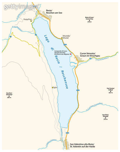 road map of the south tyrolean reschensee, italy (1193848966) 일러스트, 무료 ...