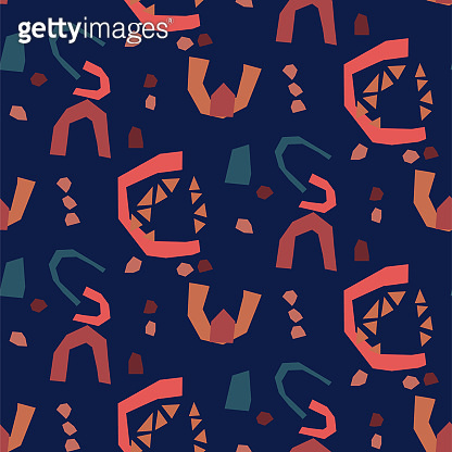 Hand drawn abstract cuttings shapes seamless pattern. Blue brown repeat ...