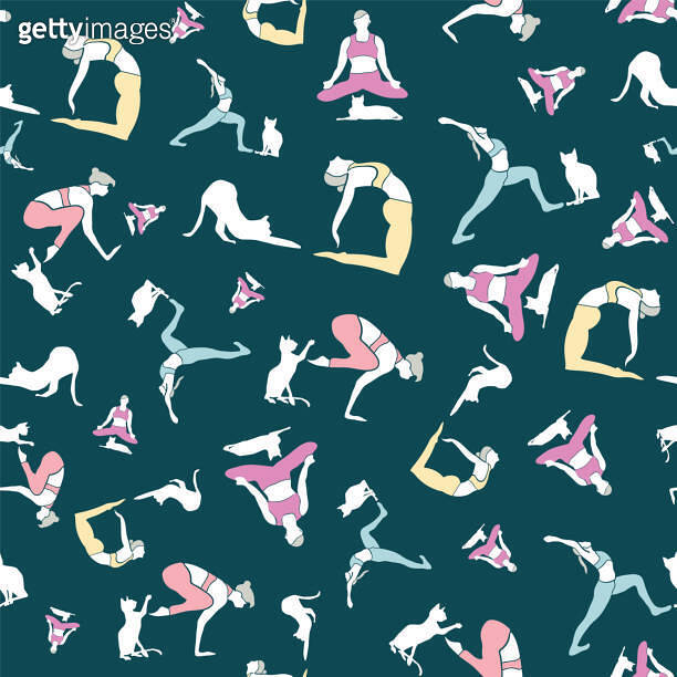 Yoga pattern woman and cat silhouettes. Seamless repeat background ...