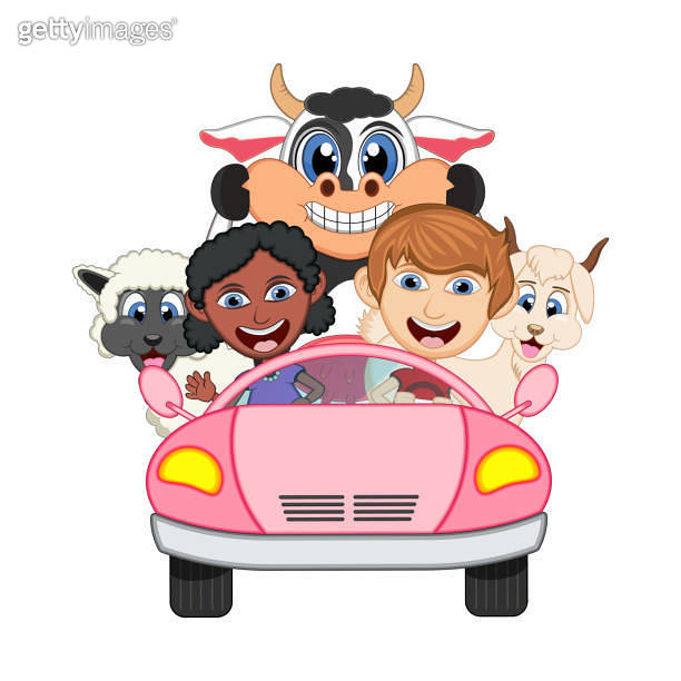Children driving a car with cow, goat and sheep cartoon vector ...