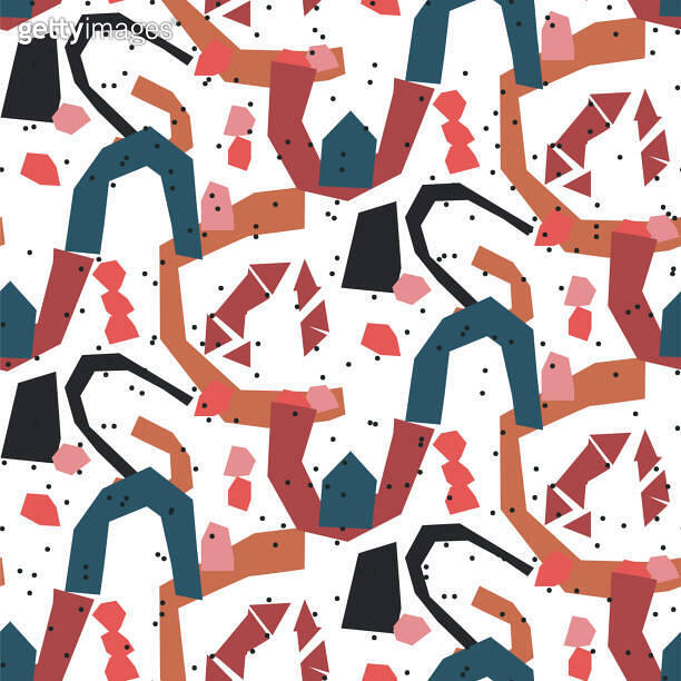 Hand drawn abstract cuttings shapes seamless pattern. Blue brown repeat ...