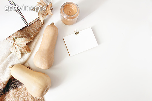 Autumn workspace still life. Notebook and businness card mock-up scene ...