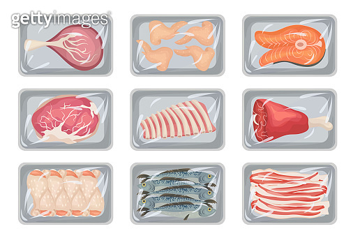Fresh meat in packages set, supermarket box 이미지 (1147127854) - 게티이미지뱅크