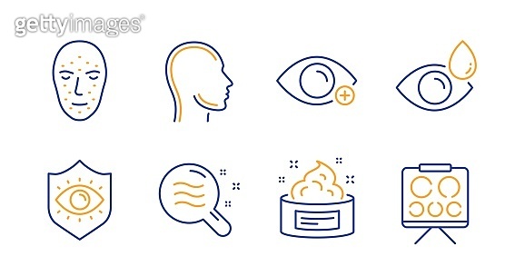 Skin condition, Skin cream and Eye protection icons set. Eye drops ...