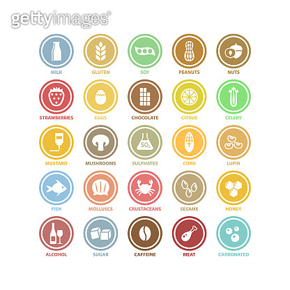 Food ingredients vector white circle signs in colorful labels ...