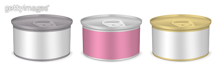 Food packaging set. Small tin can with pull tab lid and blank label ...