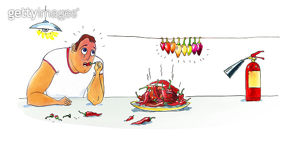 Boiling and crying man eating hot peppers. (1133053417) 일러스트, 무료 일러스트 ...
