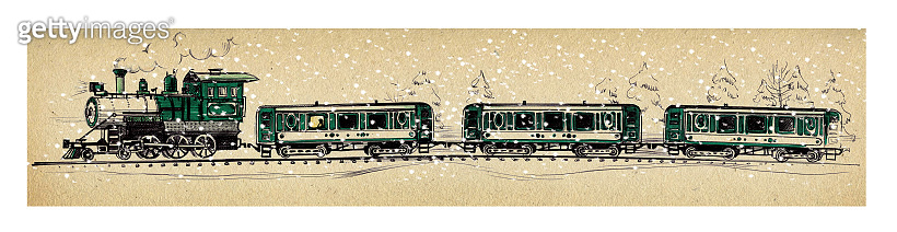 old green steam train and three cars 이미지 (1089470164) - 게티이미지뱅크