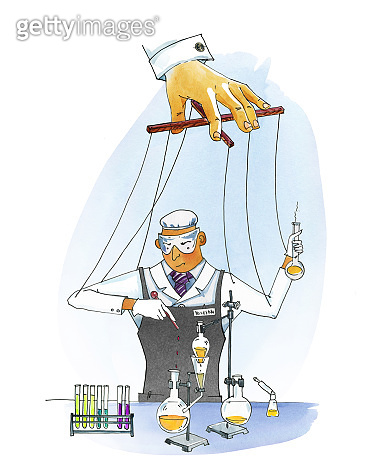 Commercial experiments. Hand controls the puppet scientist. Man in ...