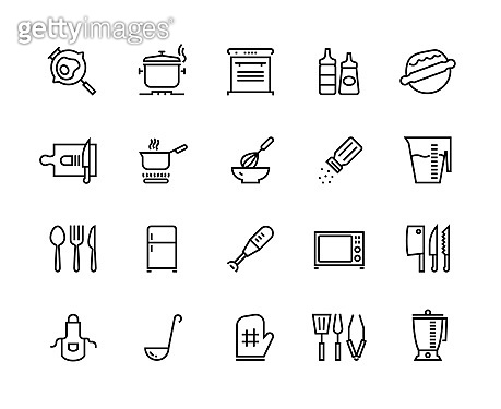 Kitchen line icons. Food cooking processes and kitchen utensils ...